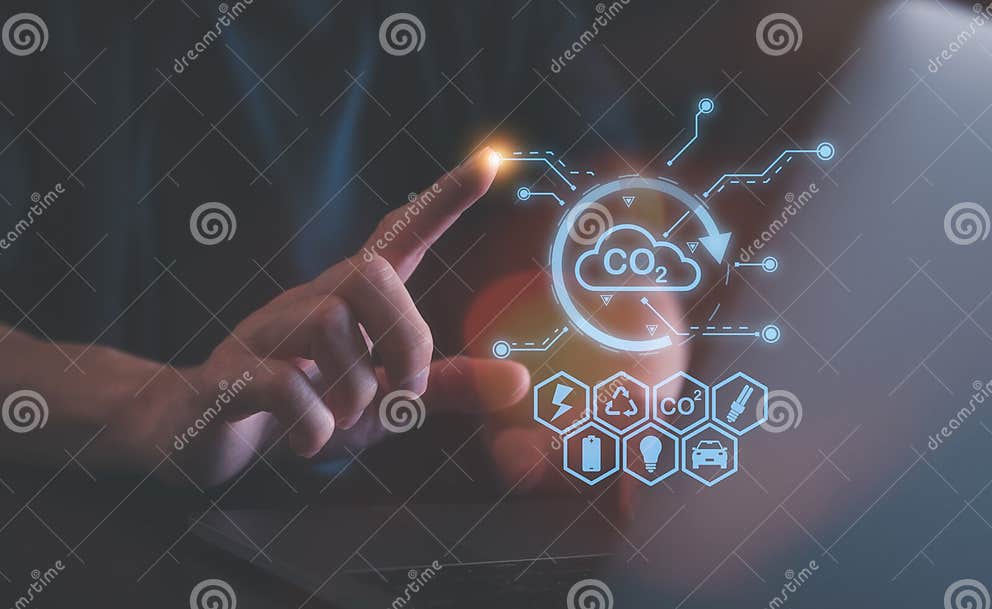 Hand Touching CO2 Reducing Icon in Concept of Decrease Carbon Dioxide Emission Stock ...