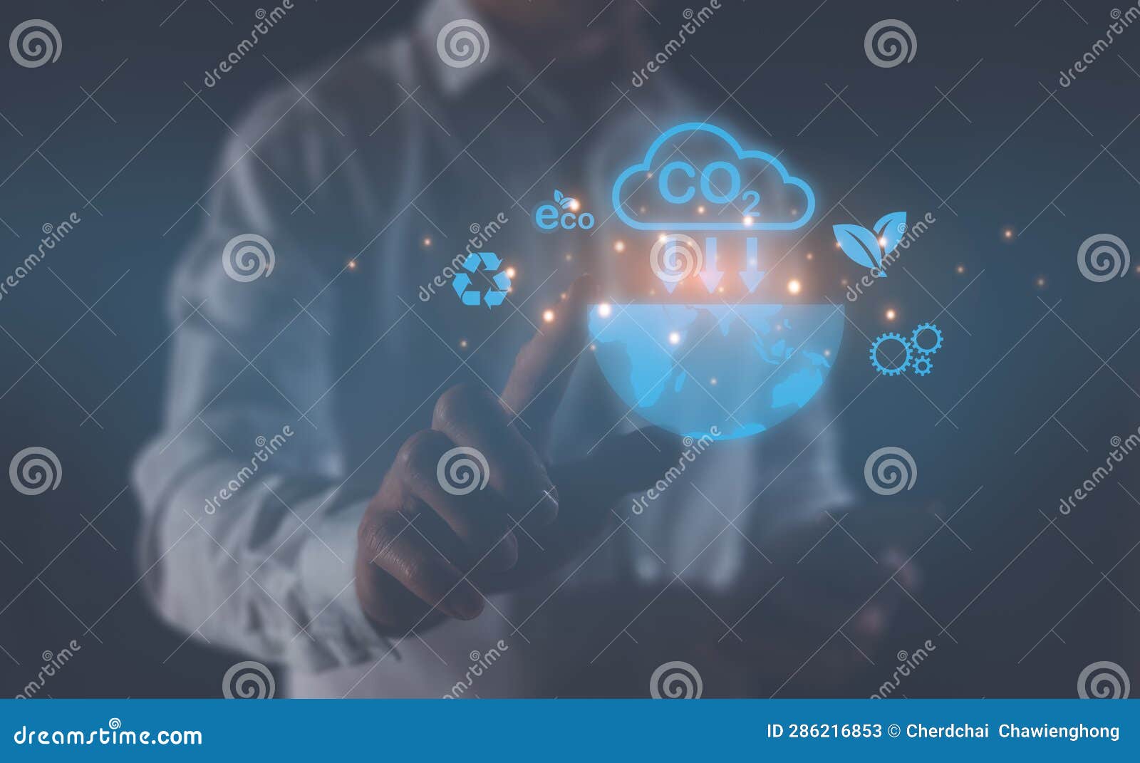 Hand Touching CO2 Reducing Icon in Concept of Decrease Carbon Dioxide Emission Stock ...
