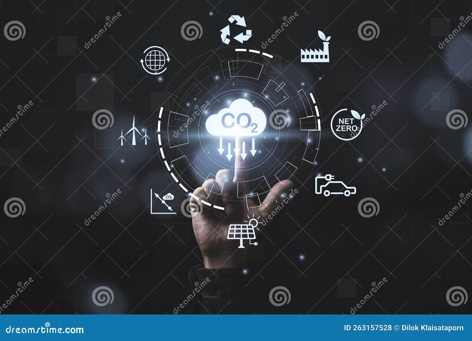 Hand Touching CO2 Reducing Icon Inside Magnifier Glass for Focusing Decrease CO2 or Carbon ...