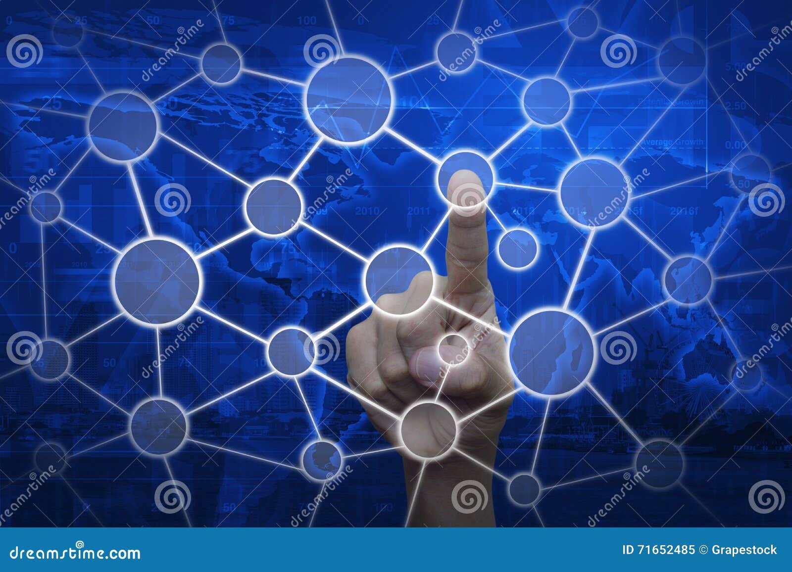 Hand Touching Connection Network on World Map and City Tower, Elements ...