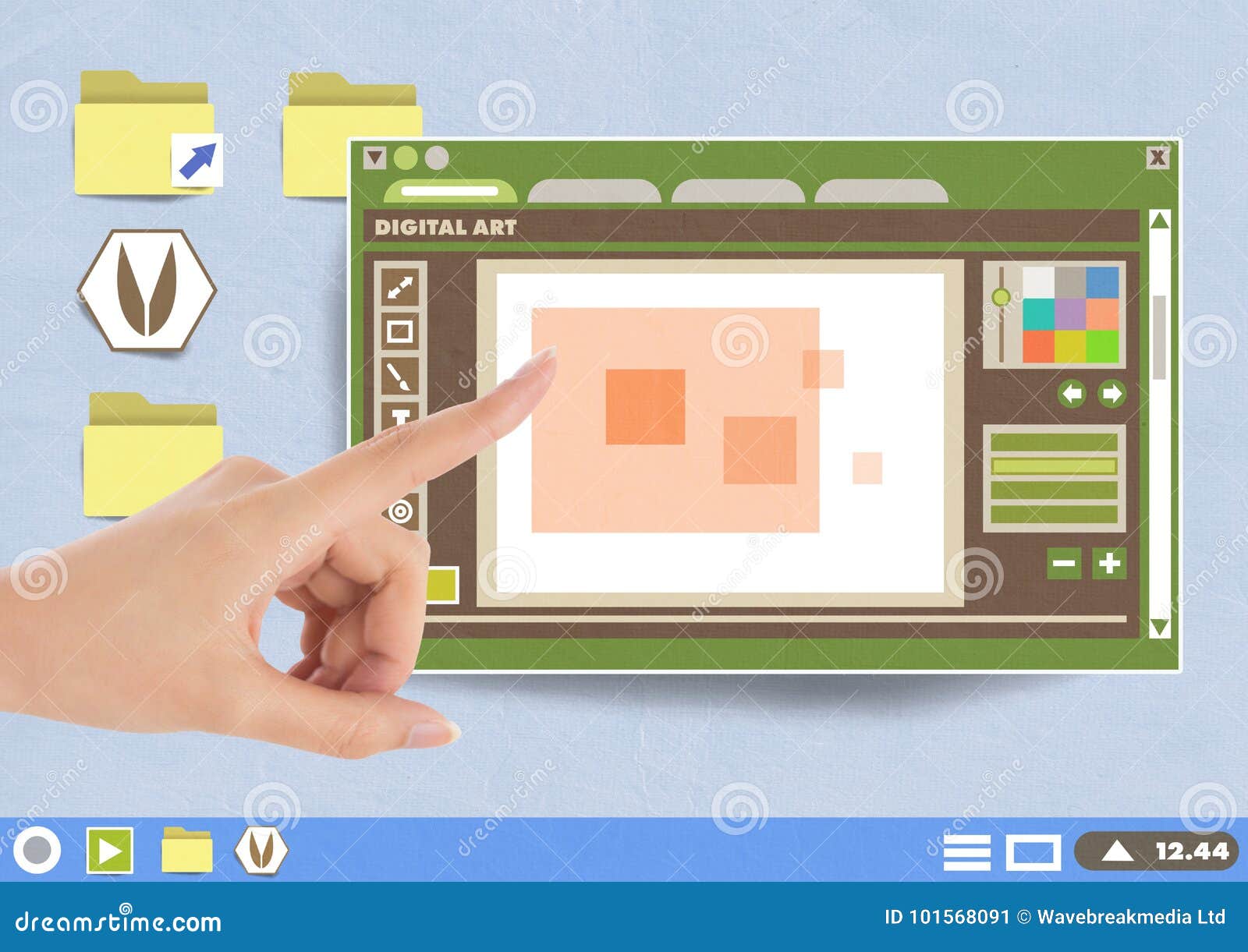 Hand Touching Digital Art Editor Window and Folder and Files Icons on ...