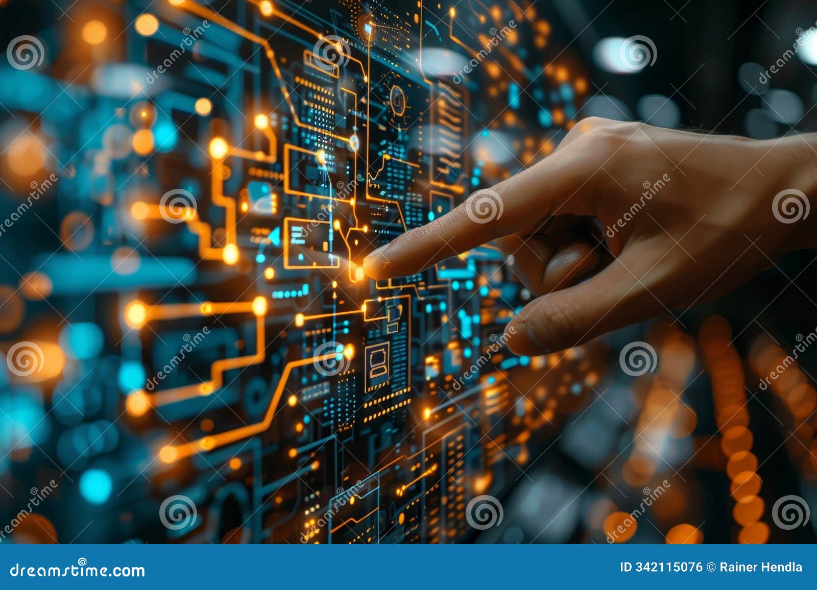 Hand Touching a Digital Interface with Circuit Patterns Stock Photo ...