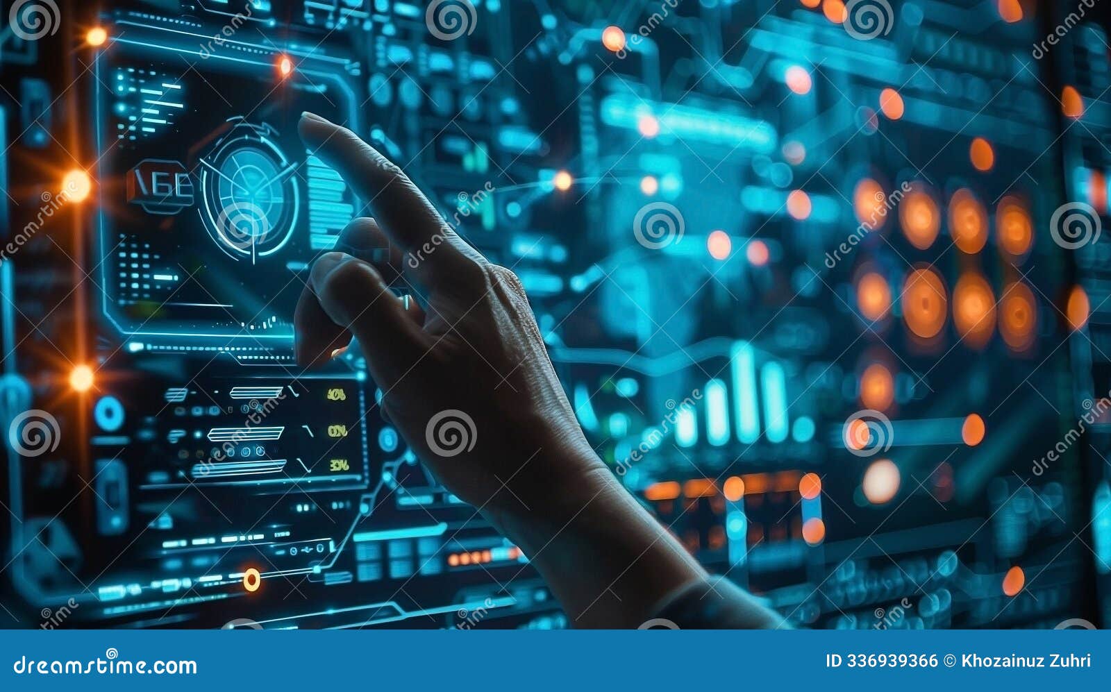 Hand Touching Digital Screen with Data and Charts,representing ...