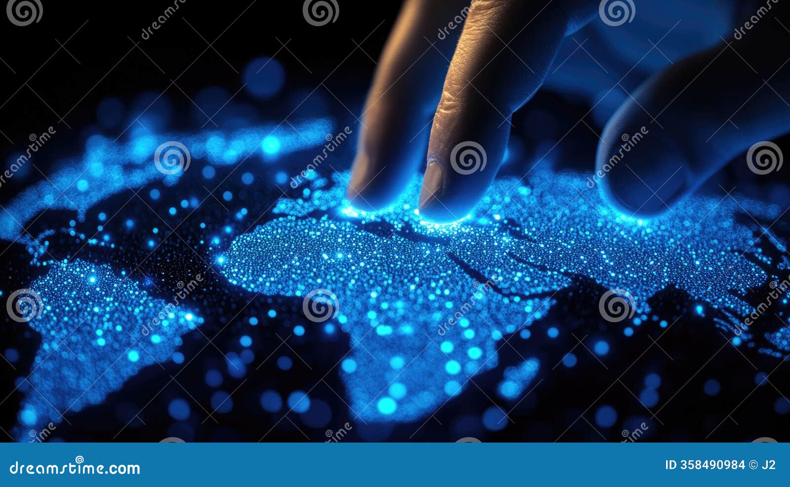 Hand Touching Digital World Map with Glowing Blue Connections and Data ...