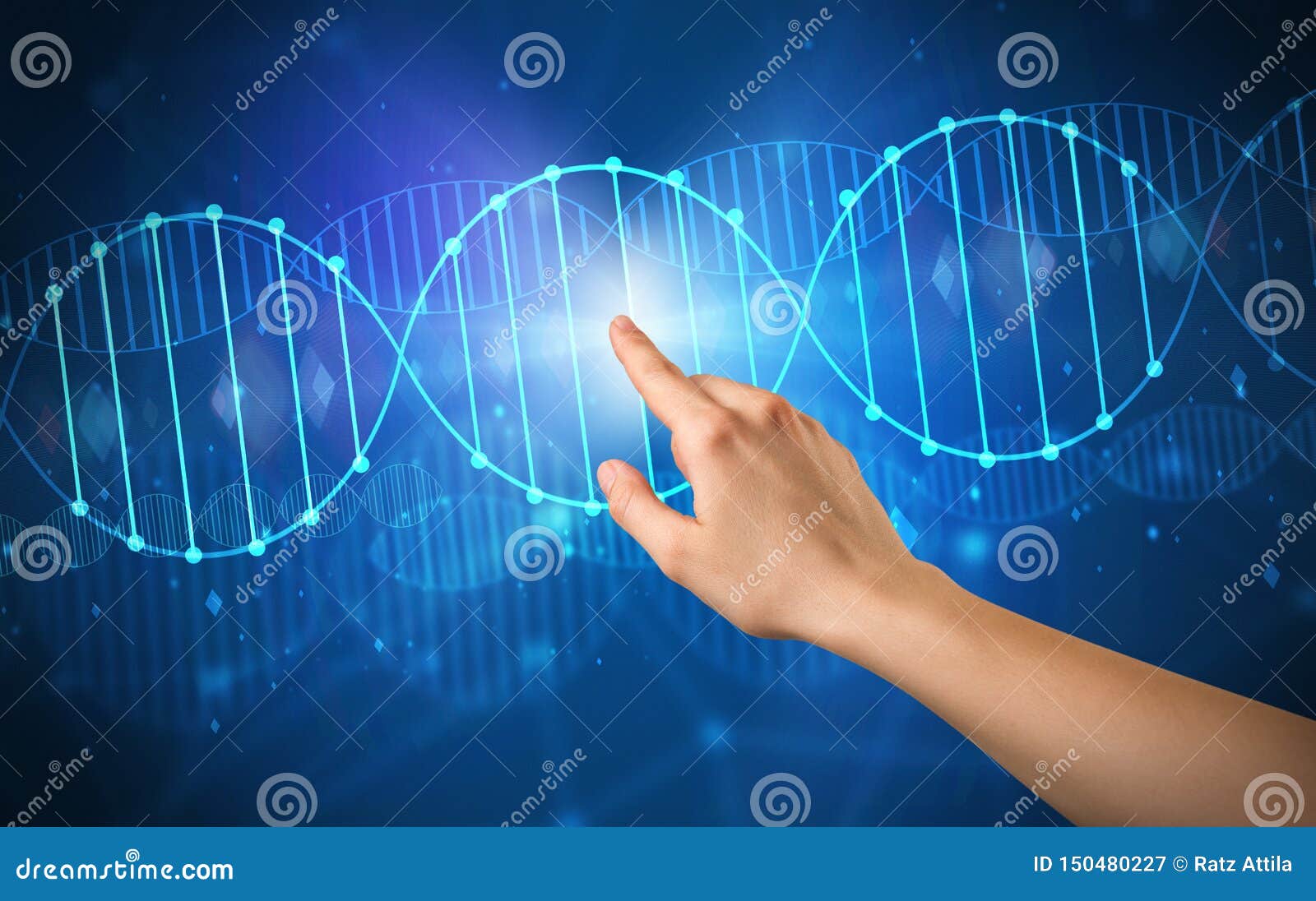 Hand touching DNA molecule stock image. Image of information - 150480227