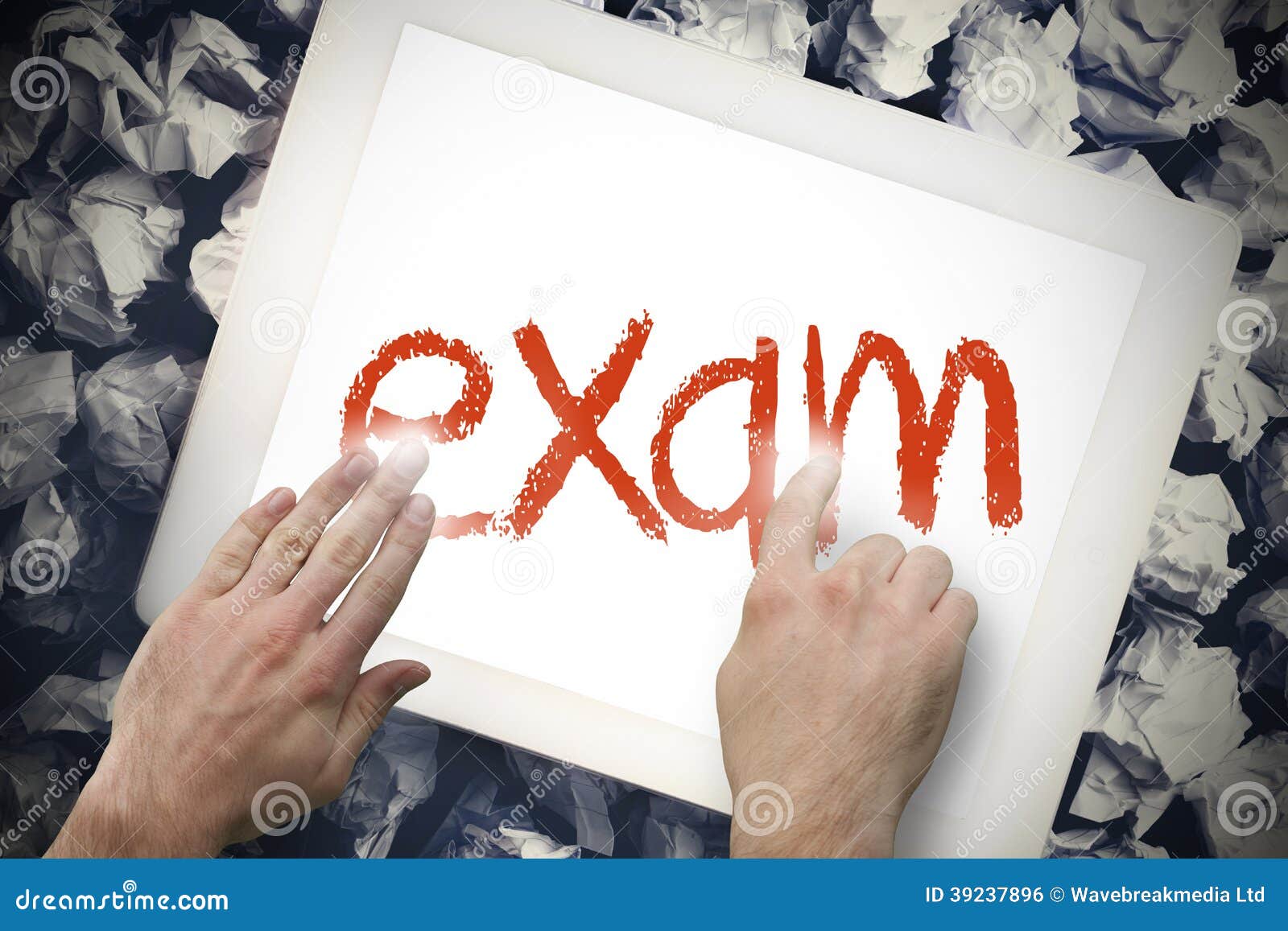 Hand Touching Exam on Search Bar on Tablet Screen Stock Photo - Image ...