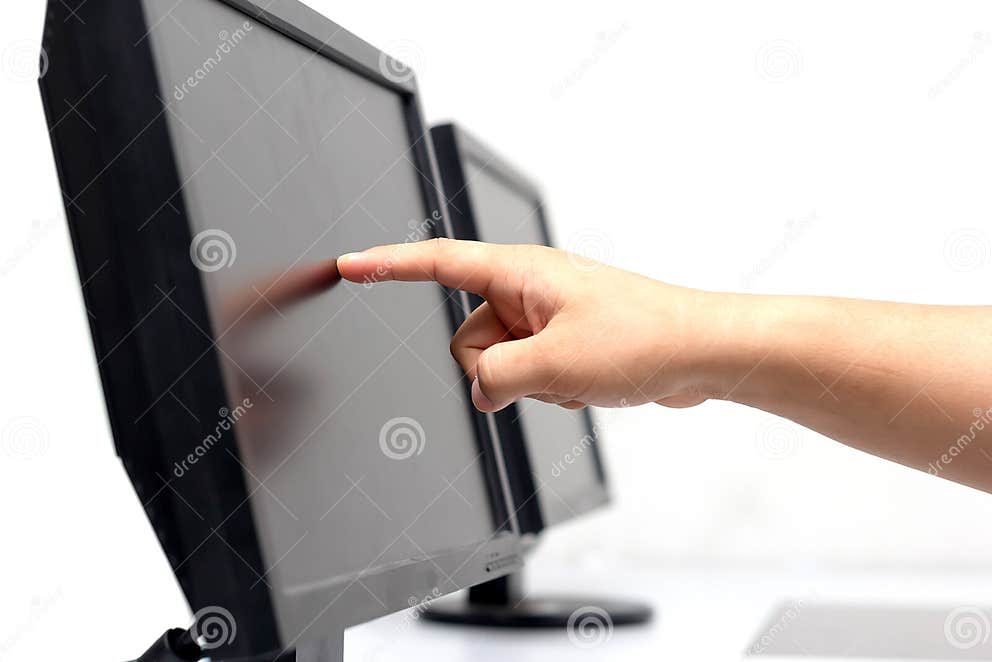 Hand Touching a Flat Screen Stock Photo - Image of flat, interface ...
