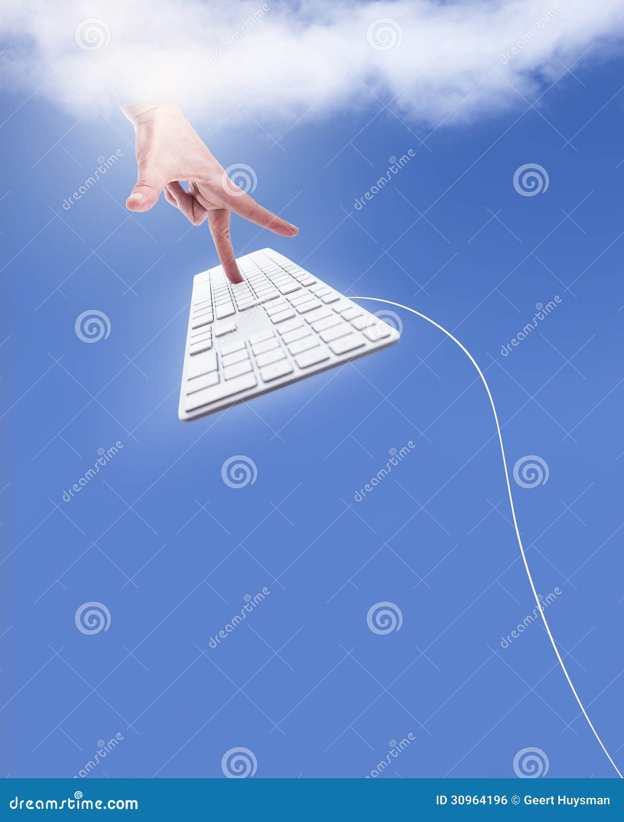 Hand Touching Flying Keuboard from the Clouds Stock Photo - Image of ...