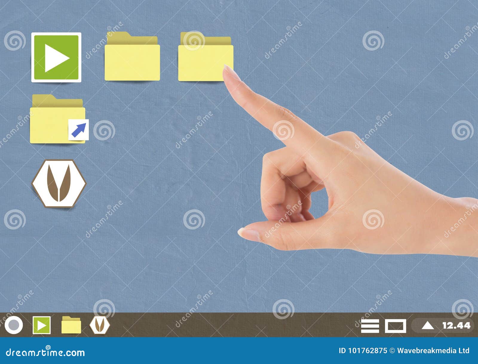 Hand Touching Folder and Files Icons on Paper Cut Out Desktop Stock ...
