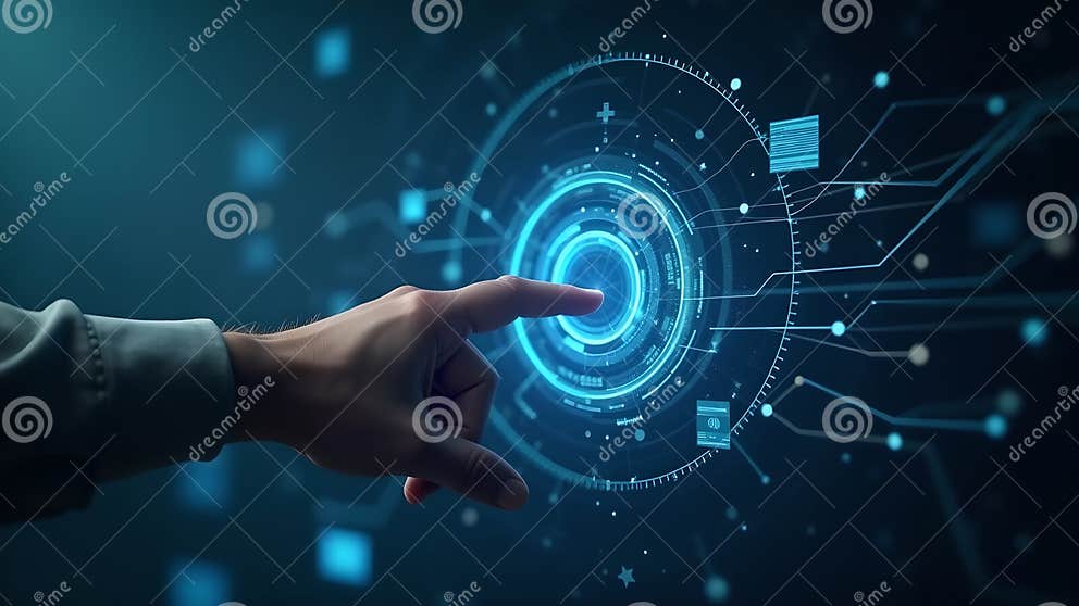 Hand Touching Futuristic Interface. Concept of Innovation, Technology ...