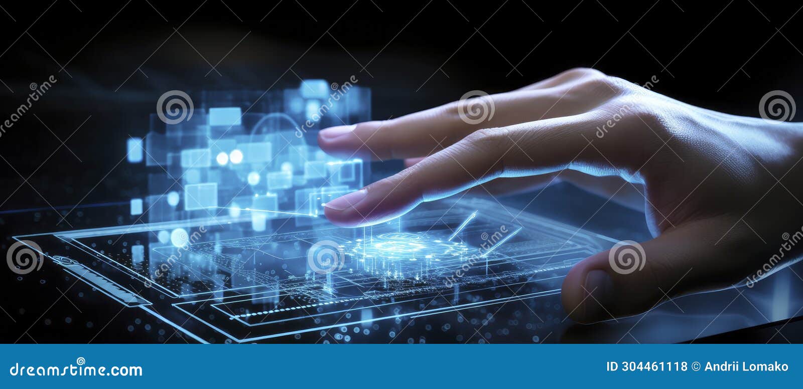 Hand Touching Futuristic Tablet Interface with a Person Stock Photo ...