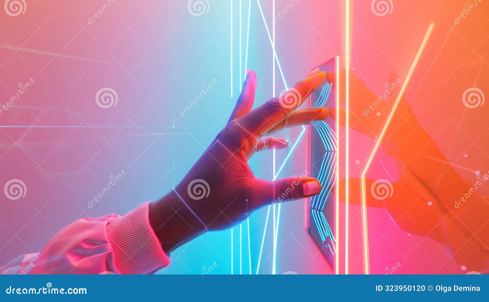 Hand Touching a Futuristic Touchscreen Interface with Neon Lights ...