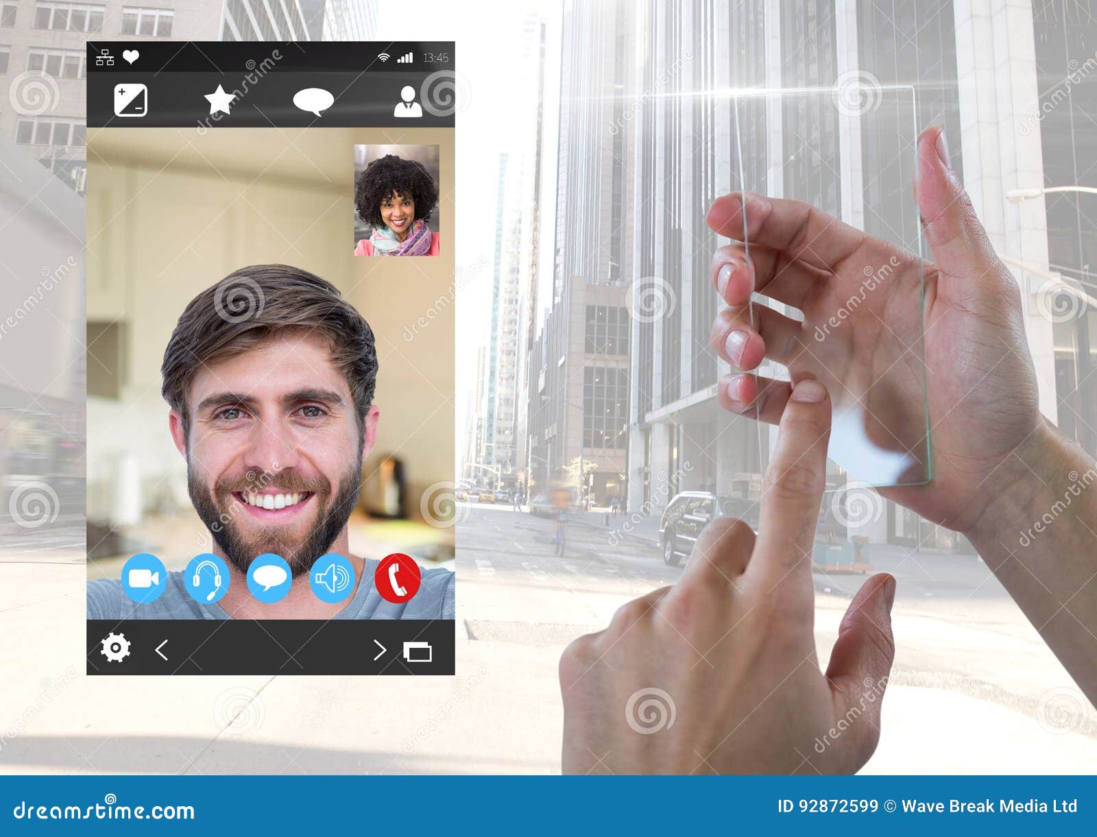Hand Touching Glass Screen with Social Video Chat App Interface Stock ...