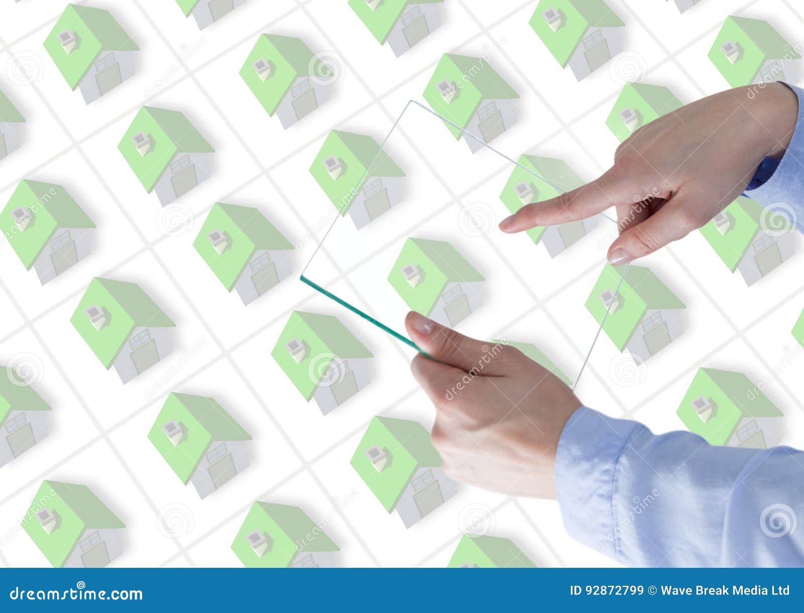 Hand Touching a Glass Tablet with Many Houses Stock Illustration ...