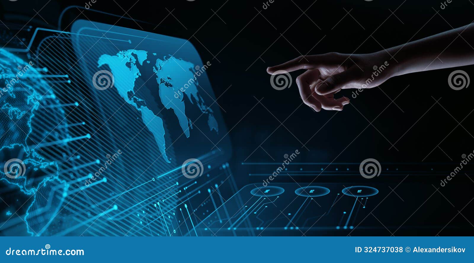 Hand Touching Global Digital World Map on Virtual Screen. Business ...