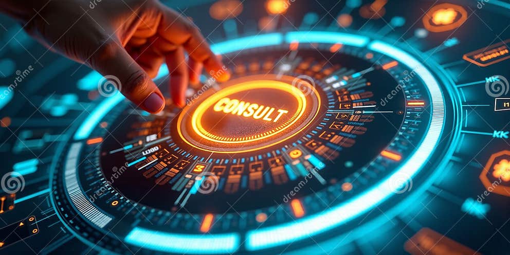 Hand Touching Glowing Consult Icon and Business Analytics Interface ...