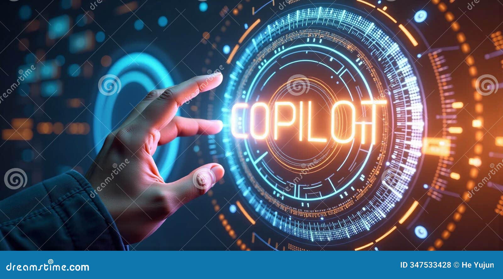 Hand Touching Glowing Copilot Icon and Business Analytics Interface ...