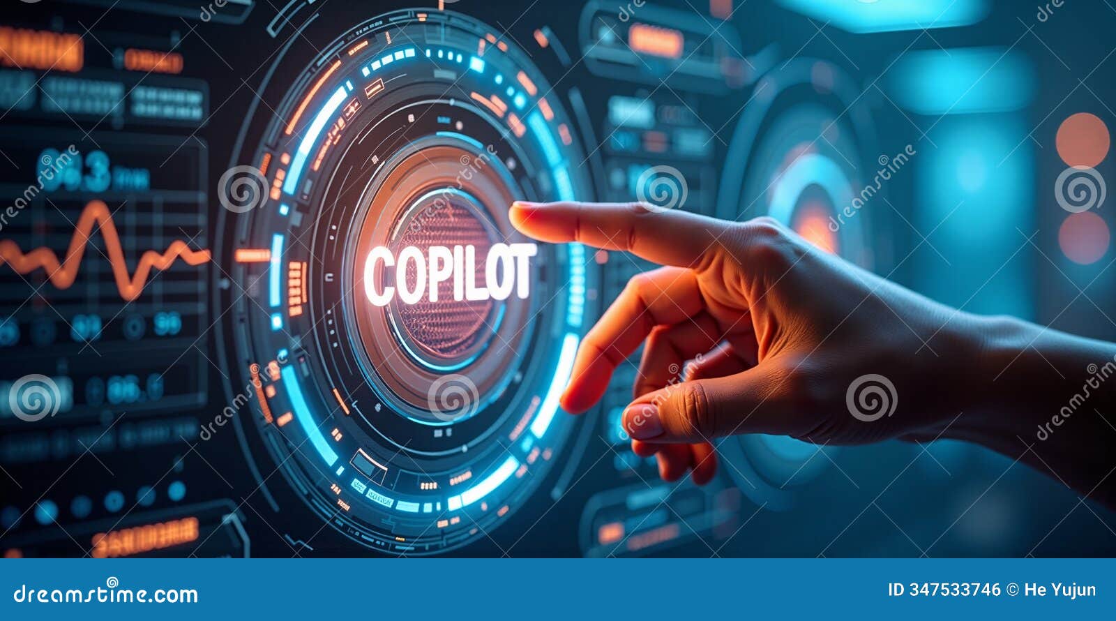 Hand Touching Glowing Copilot Icon and Business Analytics Interface ...
