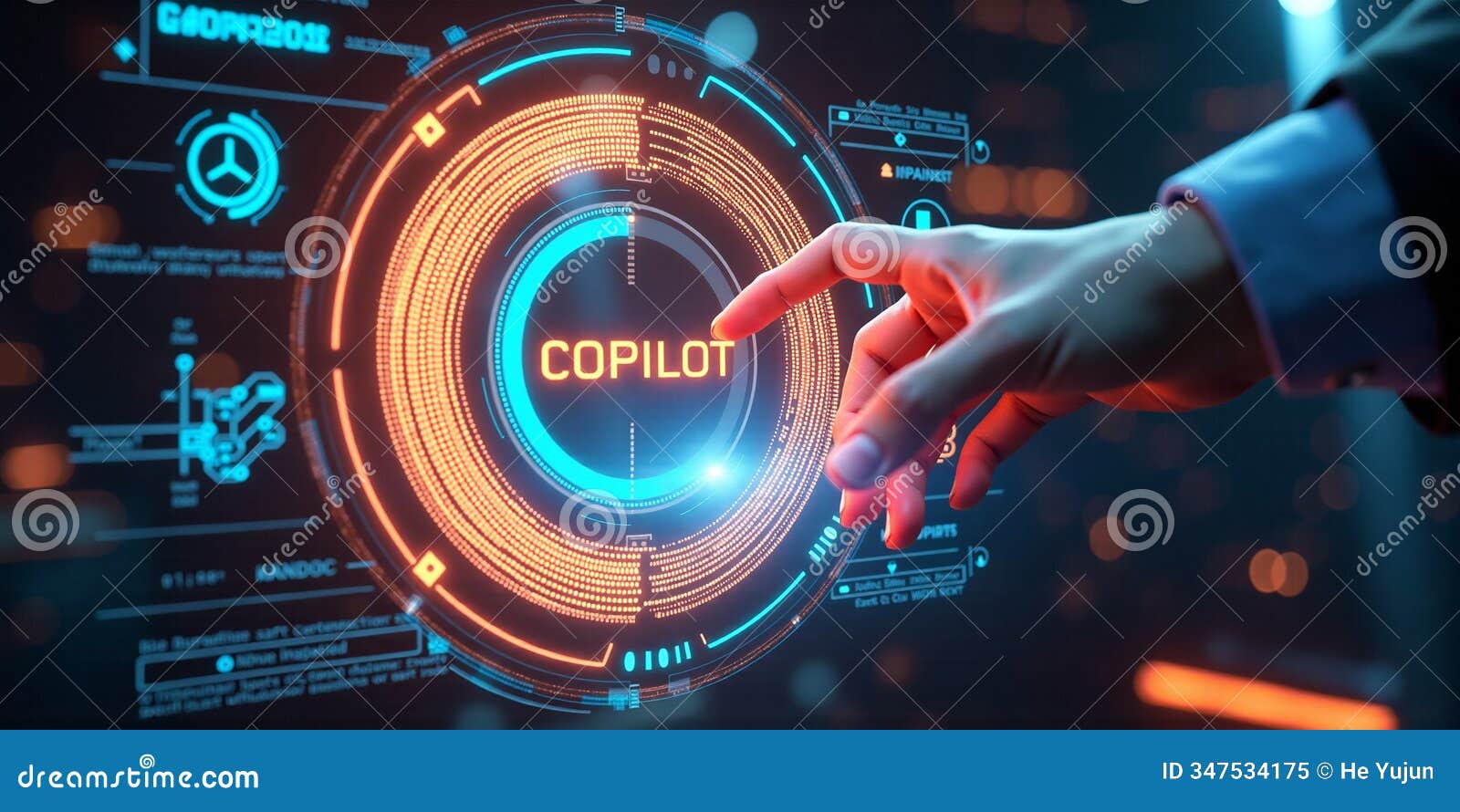 Hand Touching Glowing Copilot Icon and Business Analytics Interface ...