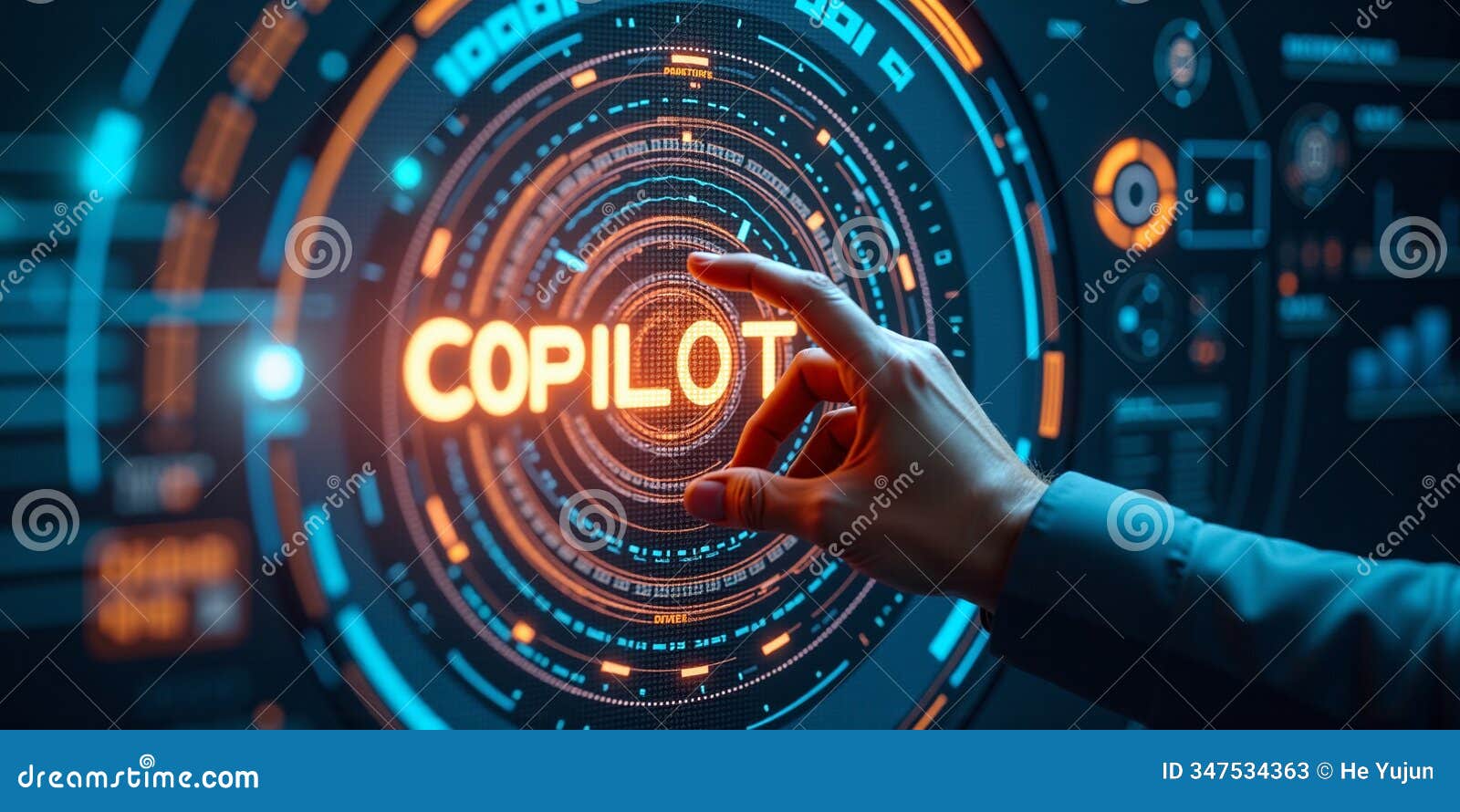 Hand Touching Glowing Copilot Icon and Business Analytics Interface ...