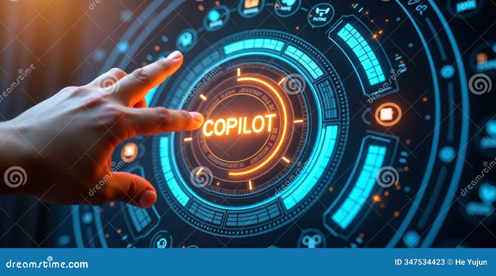 Hand Touching Glowing Copilot Icon and Business Analytics Interface ...