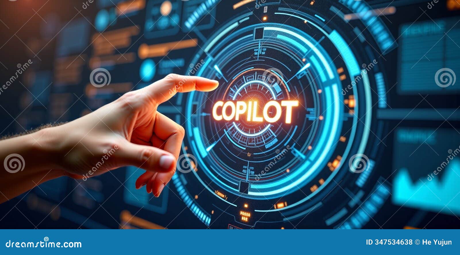 Hand Touching Glowing Copilot Icon and Business Analytics Interface ...