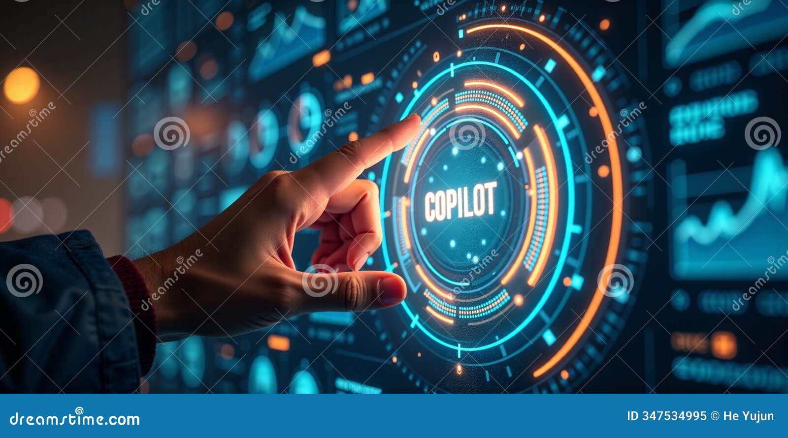 Hand Touching Glowing Copilot Icon and Business Analytics Interface ...