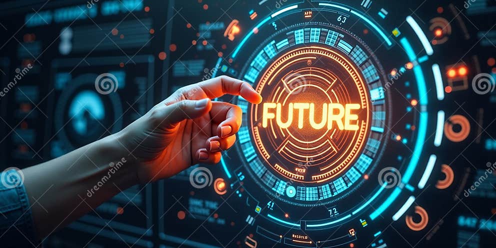 Hand Touching Glowing Future Icon and Business Analytics Interface ...