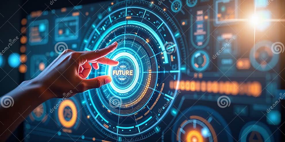 Hand Touching Glowing Future Icon and Business Analytics Interface ...