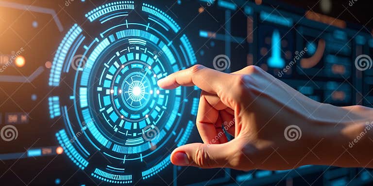 Hand Touching Glowing Future Icon and Business Analytics Interface ...