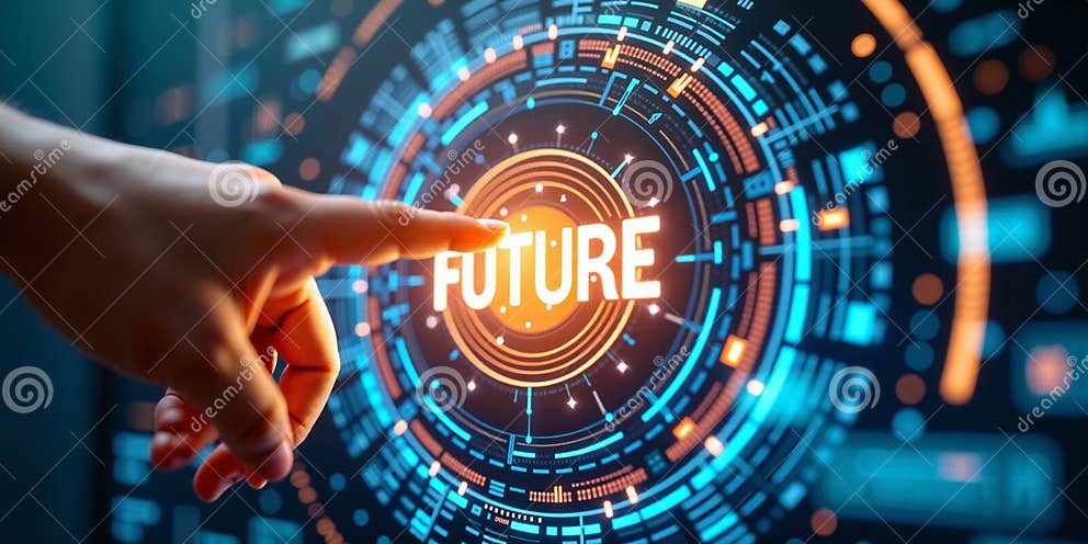 Hand Touching Glowing Future Icon and Business Analytics Interface ...