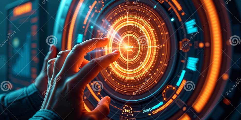 Hand Touching Glowing Future Icon and Business Analytics Interface ...