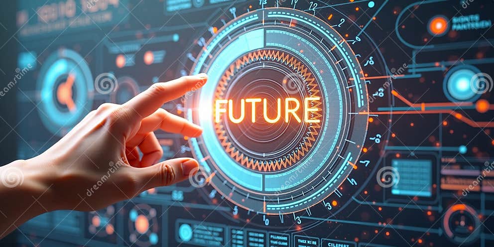 Hand Touching Glowing Future Icon and Business Analytics Interface ...