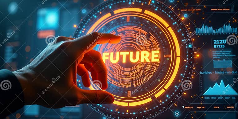 Hand Touching Glowing Future Icon and Business Analytics Interface ...