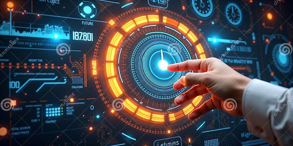 Hand Touching Glowing Future Icon and Business Analytics Interface ...