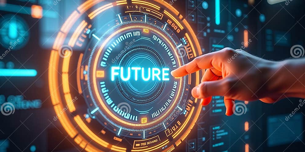 Hand Touching Glowing Future Icon and Business Analytics Interface ...