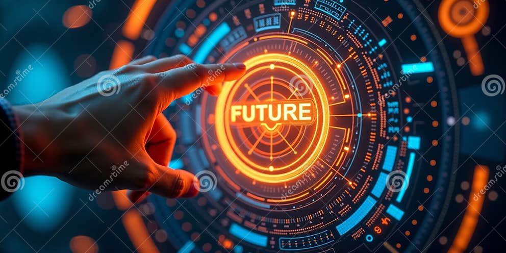 Hand Touching Glowing Future Icon and Business Analytics Interface ...