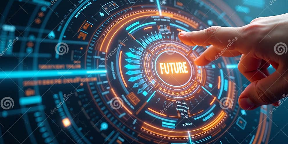 Hand Touching Glowing Future Icon and Business Analytics Interface ...