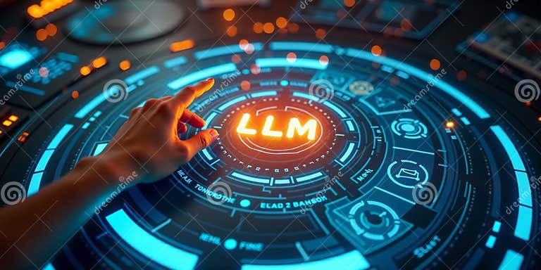 Hand Touching Glowing LLM Icon and Business Analytics Interface Stock ...