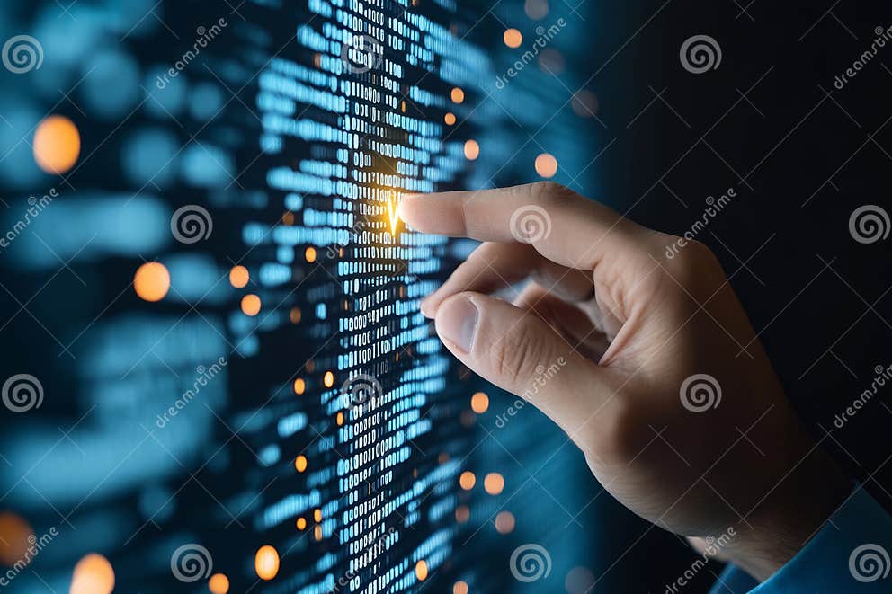 Hand Touching a Point on a Digital Binary Code Interface Stock Image - Image of software, data ...