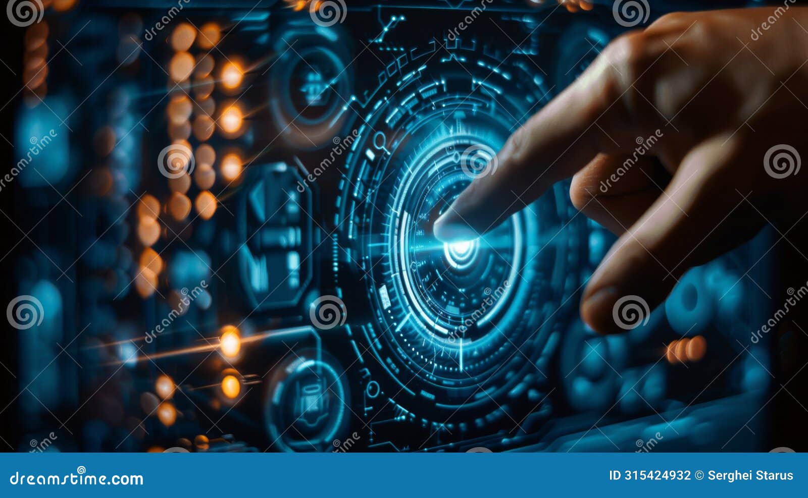 A Hand Touching a Glowing Screen with an Electronic Device, AI Stock ...