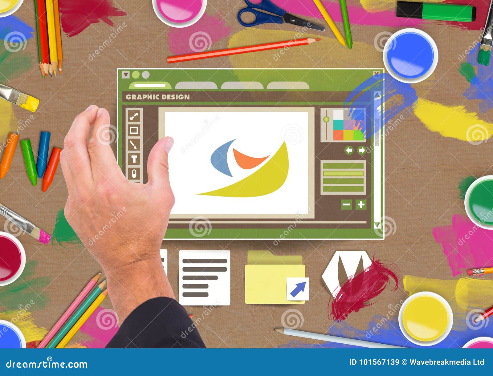Hand Touching Graphic Design Editor Window and Creative Art Objects on ...