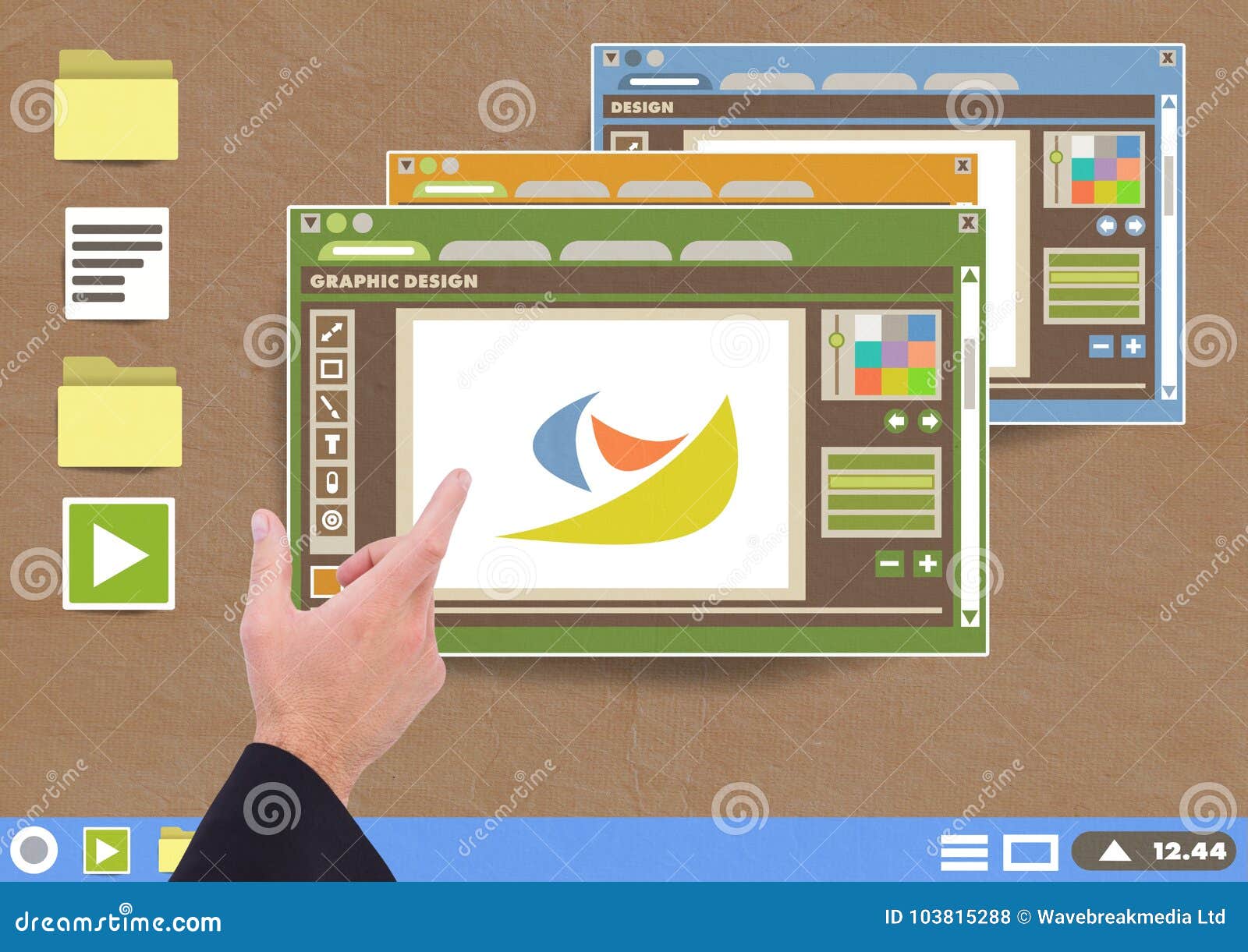 Hand Touching Graphic Design Editor Windows on Paper Cut Out Desktop ...