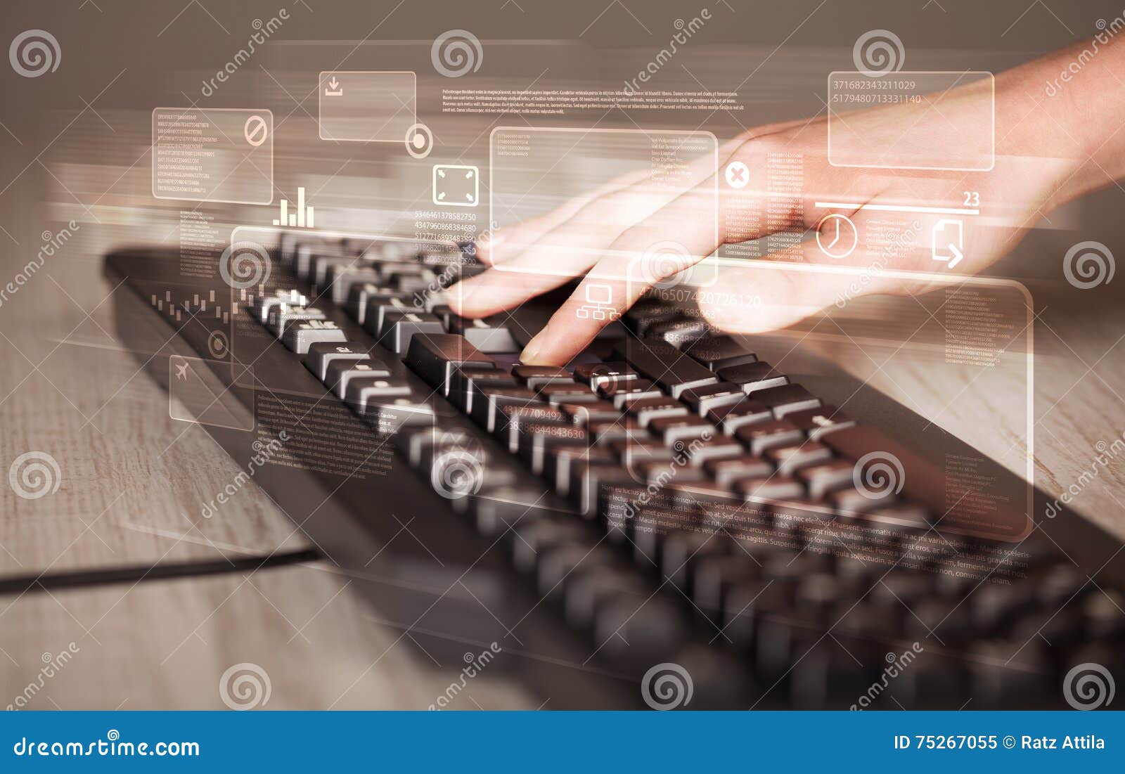 Hand Touching Keyboard with High Tech Buttons Stock Image - Image of ...