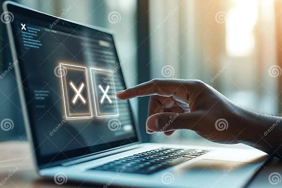 Hand Touching Laptop Screen with Check Marks Symbolizing Decision ...