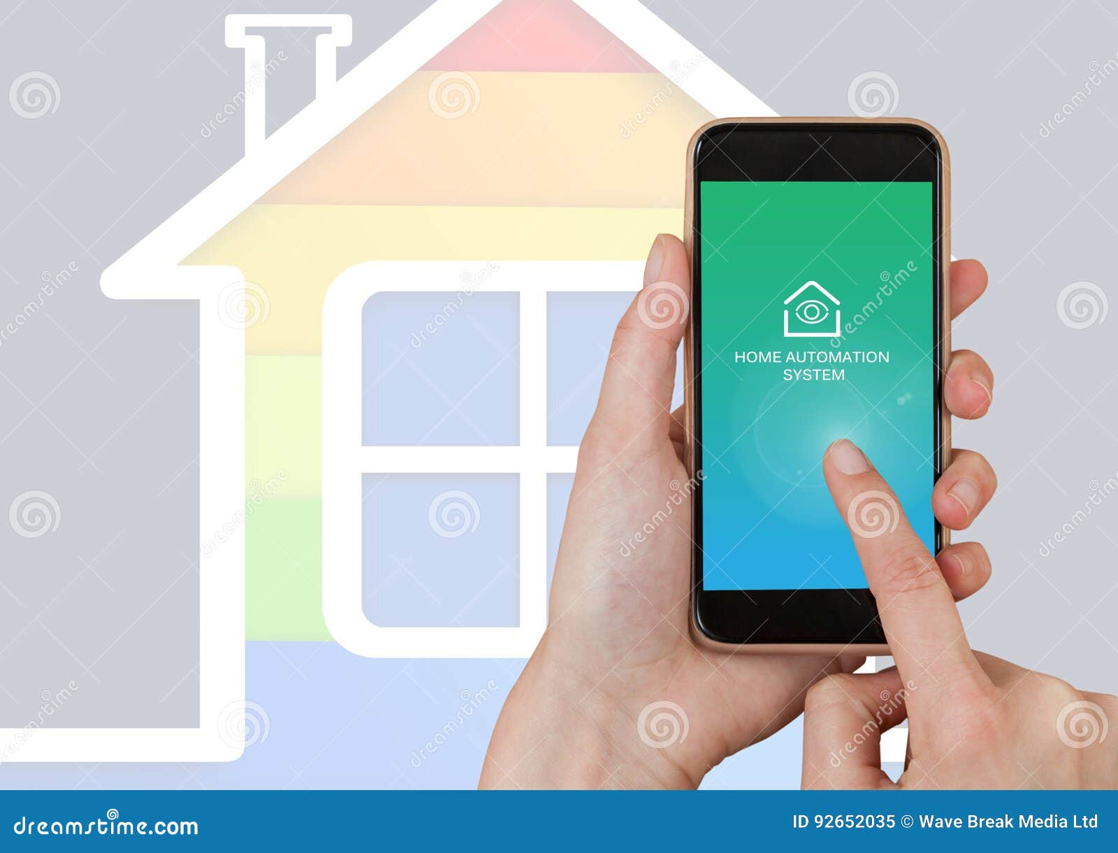 Hand Touching Mobile Ohone with Home Automation System App Interface ...