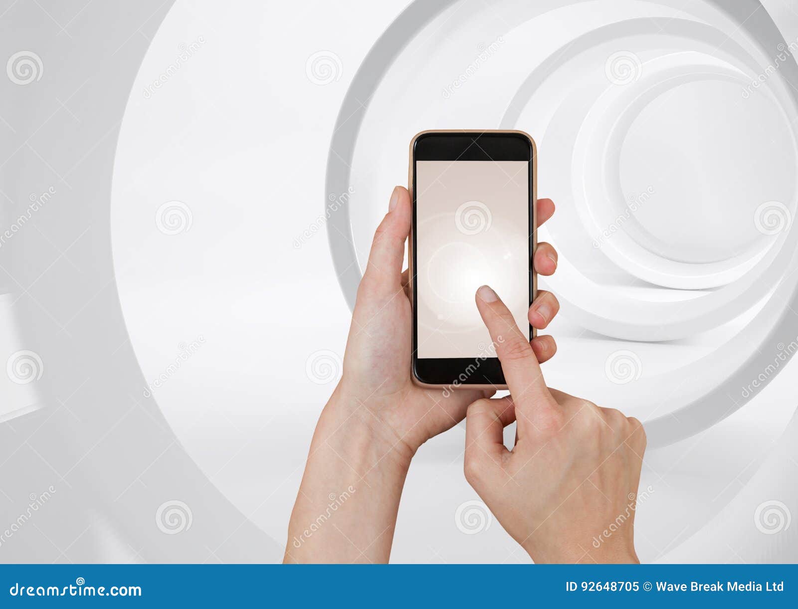 Hand Touching Mobile Phone with Circle Loop Tunnel Stock Image - Image ...