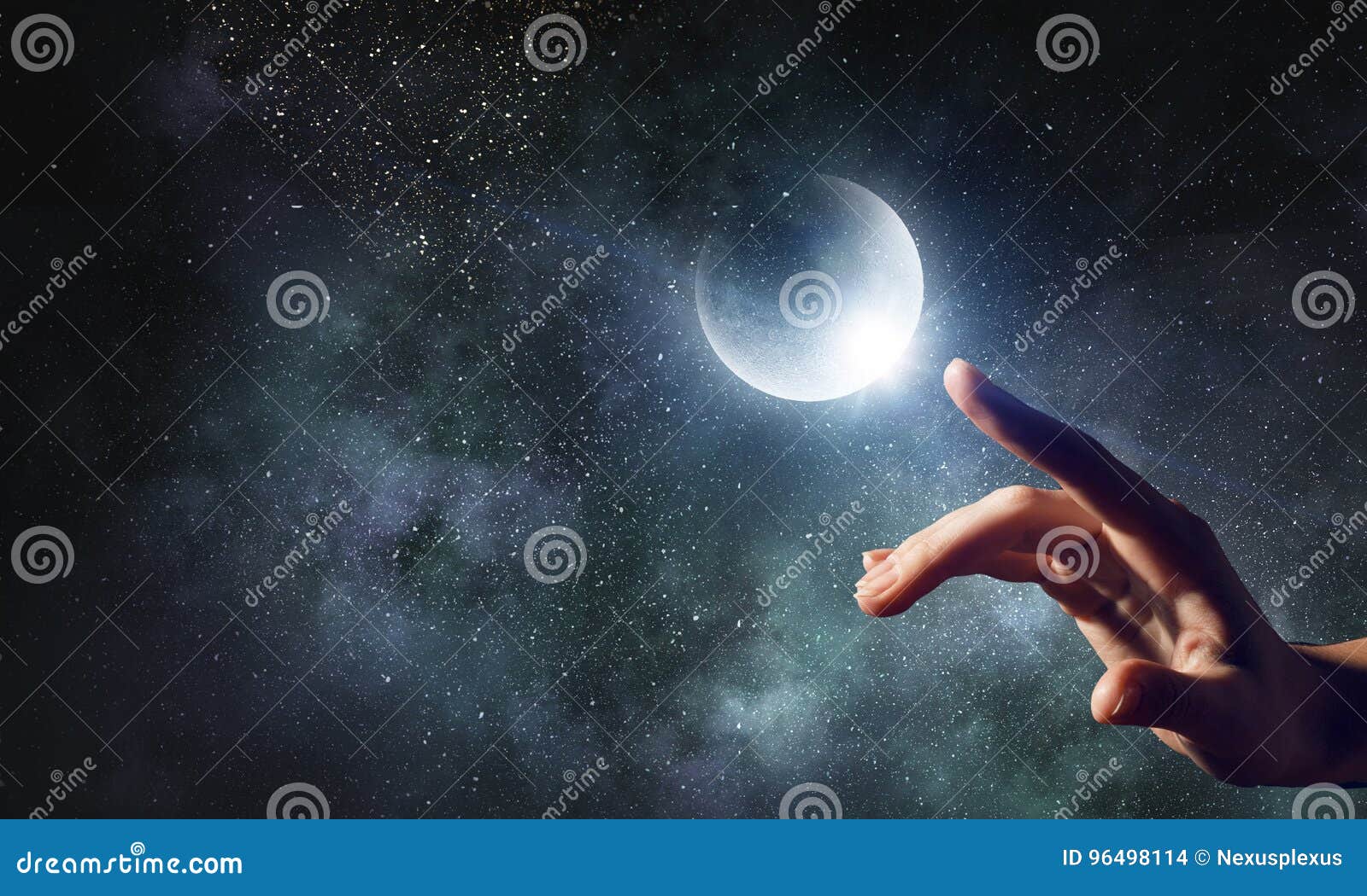 Hand touching the moon stock photo. Image of moon, nature - 96498114