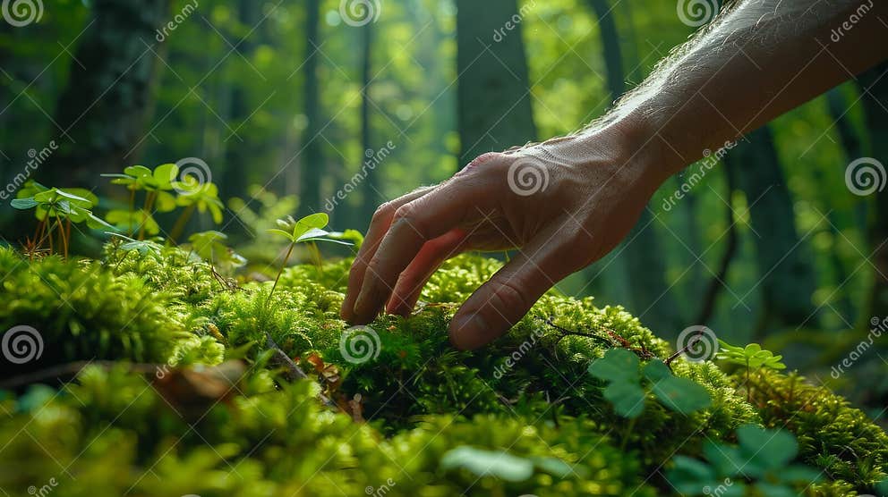 Hand Touching Moss in a Forest Setting. Stock Photo - Image of closeup ...