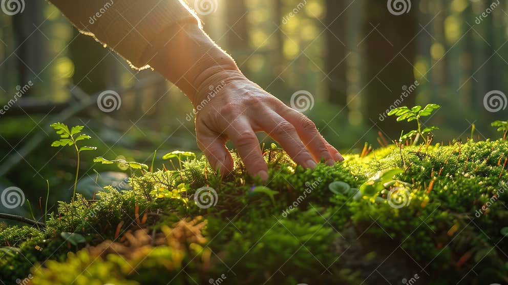 Hand Touching Moss in Sunlight. Stock Photo - Image of interaction ...